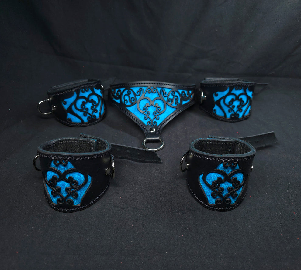 The Leather Heart Collar, wrist and ankle cuffs- Custom – Firebird Leather